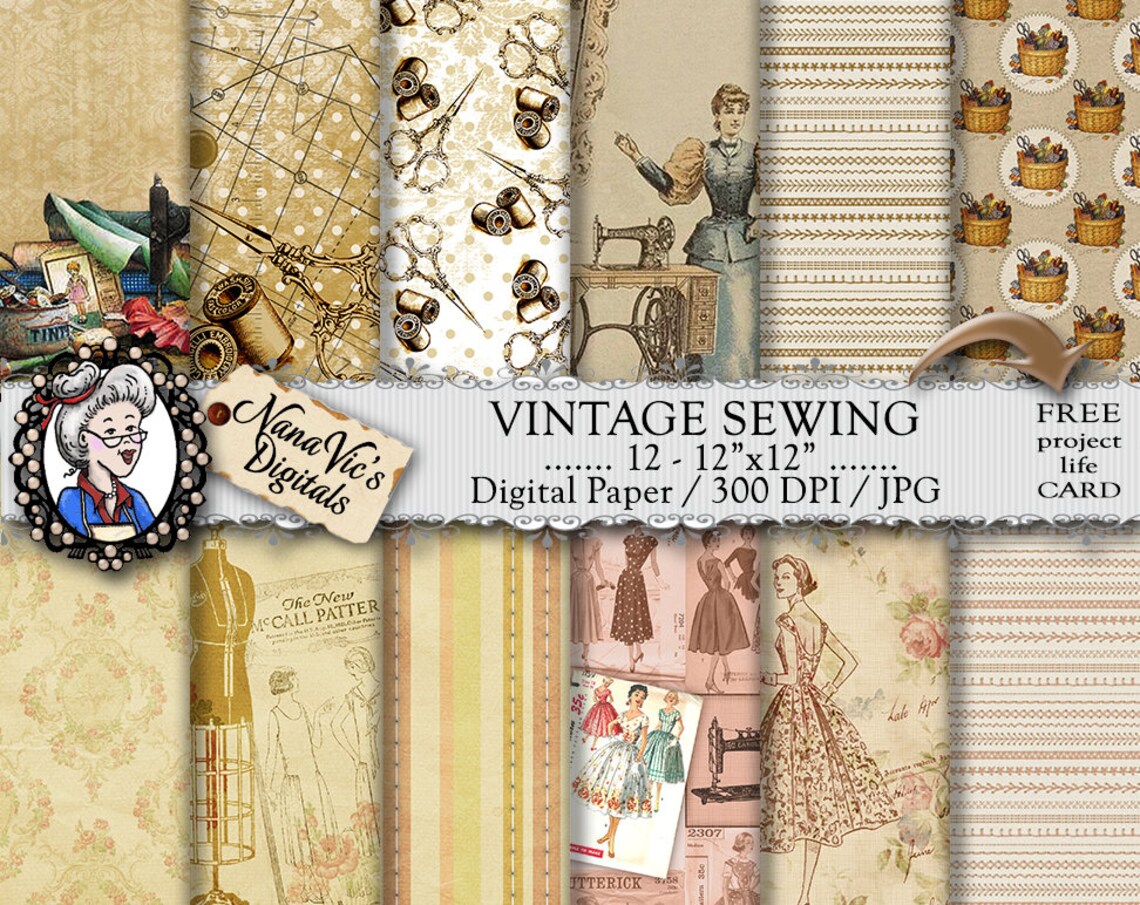 Sewing Digital Paper, Vintage Sewing, Stitches, Shabby Chic Sewing, Old ...