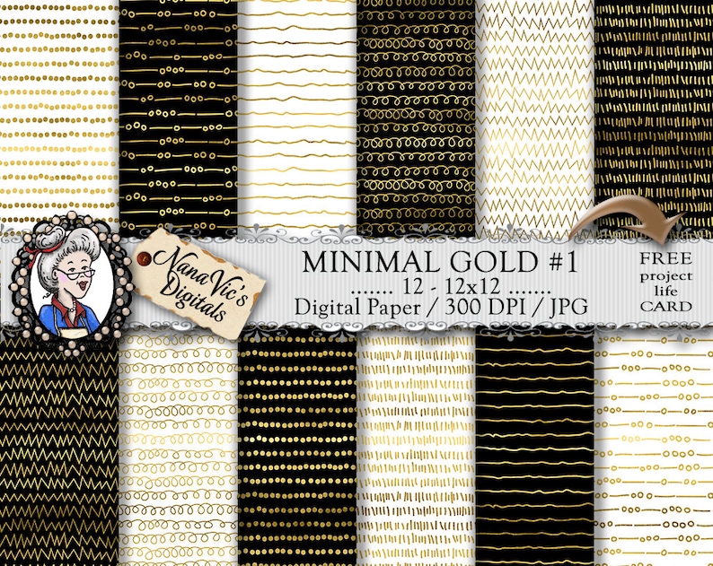 Minimal Digital Paper, Gold Foil on Black & White, Minimalist Patterns ...