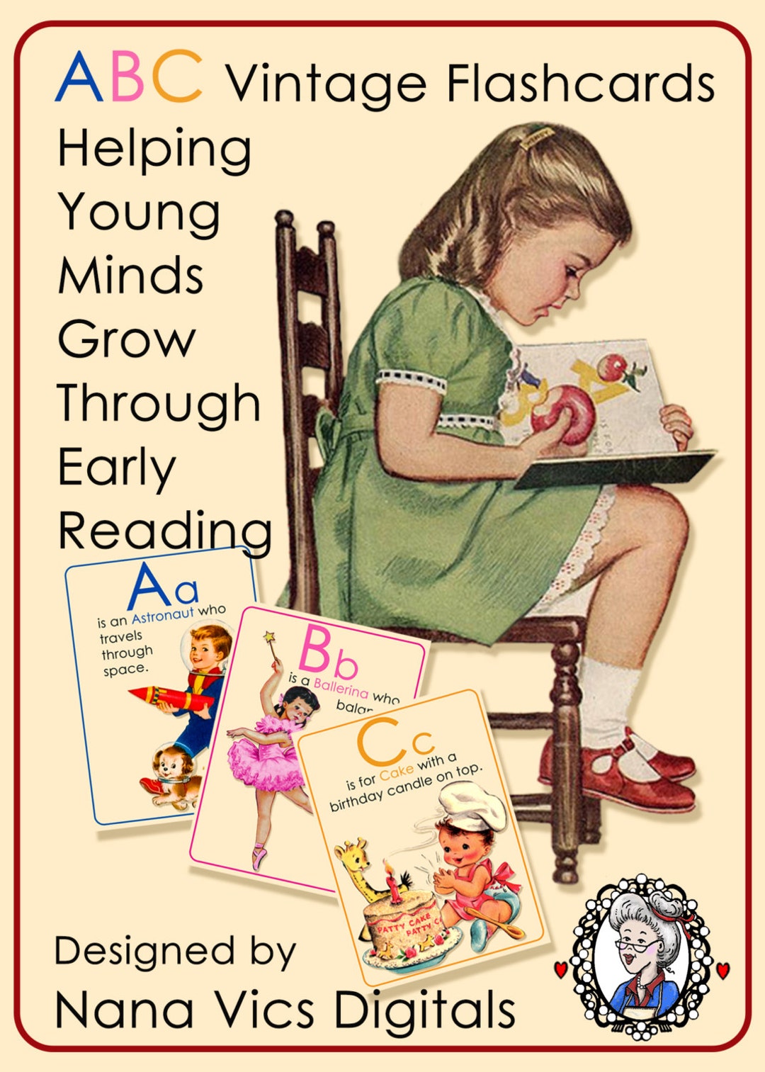 Alphabet Flash Cards, ABC, Vintage Digital Printable for Early Learning ...