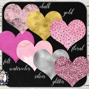 37 Heart CLIPART, CLIP ART Love Hearts in Gold & Silver Glitter Chalk ...