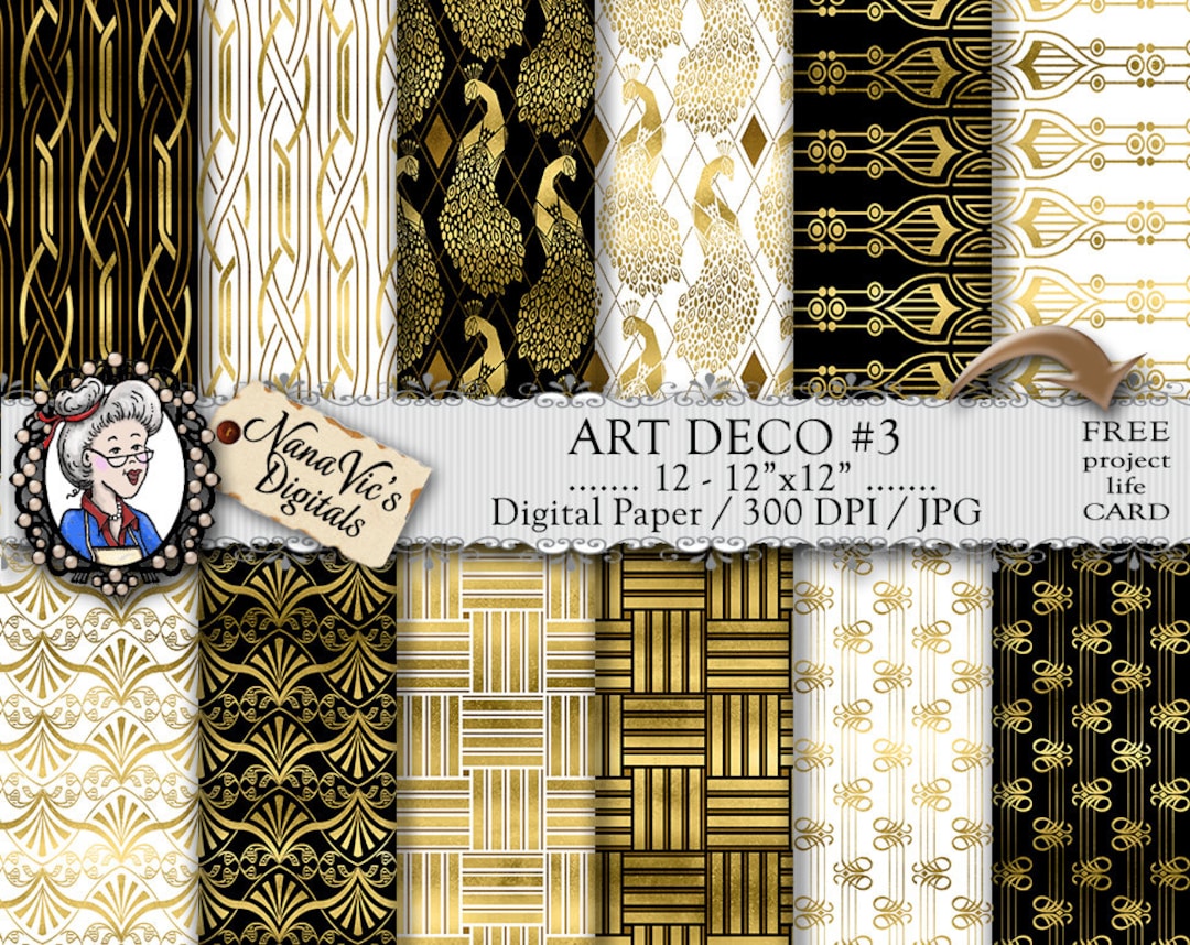 ART DECO Digital Paper: Black & White Gold Art Deco Great Gatsby, Art ...