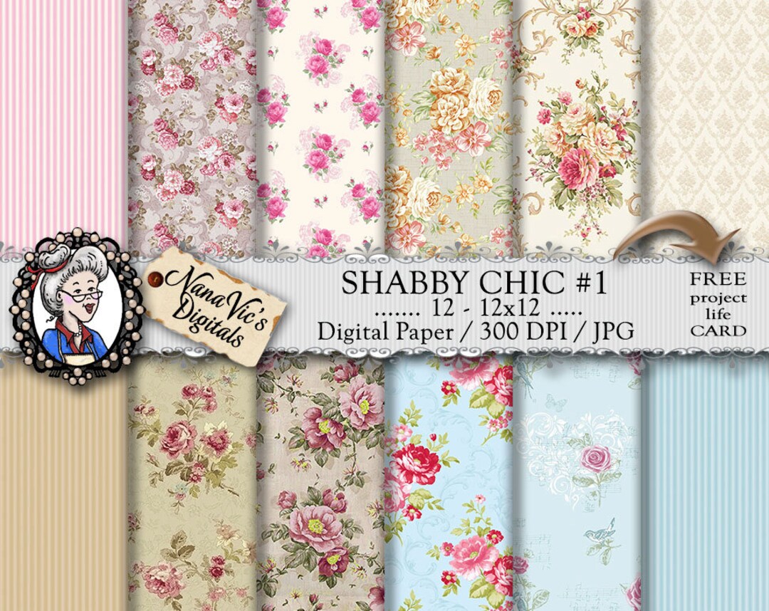 Shabby Chic Digital Paper: Roses, Victorian, Vintage, Pinstripes ...