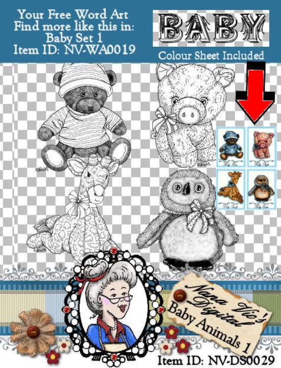 Digital Stamp Baby Animals 1 Teddy Bear Pig Giraffe Owl | Etsy Australia