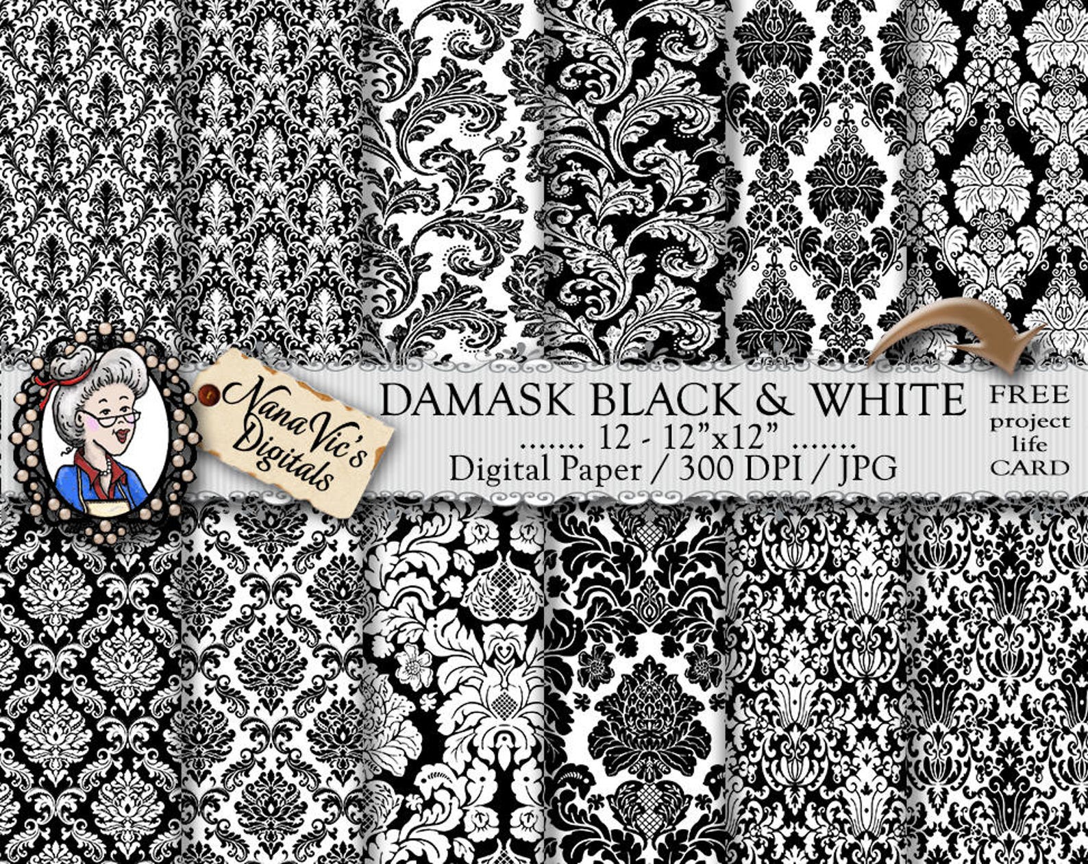 Damask Digital Paper, Black & White Seamless Wedding Backgrounds ...