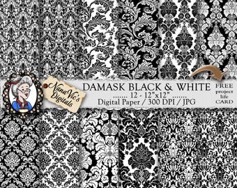 Black & Grey Damask Digital Papers SEAMLESS Vintage Damask - Etsy