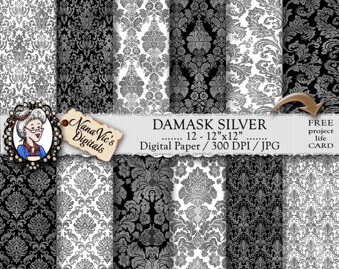 Damask Digital Paper, Silver Seamless Wedding Backgrounds, Damask ...