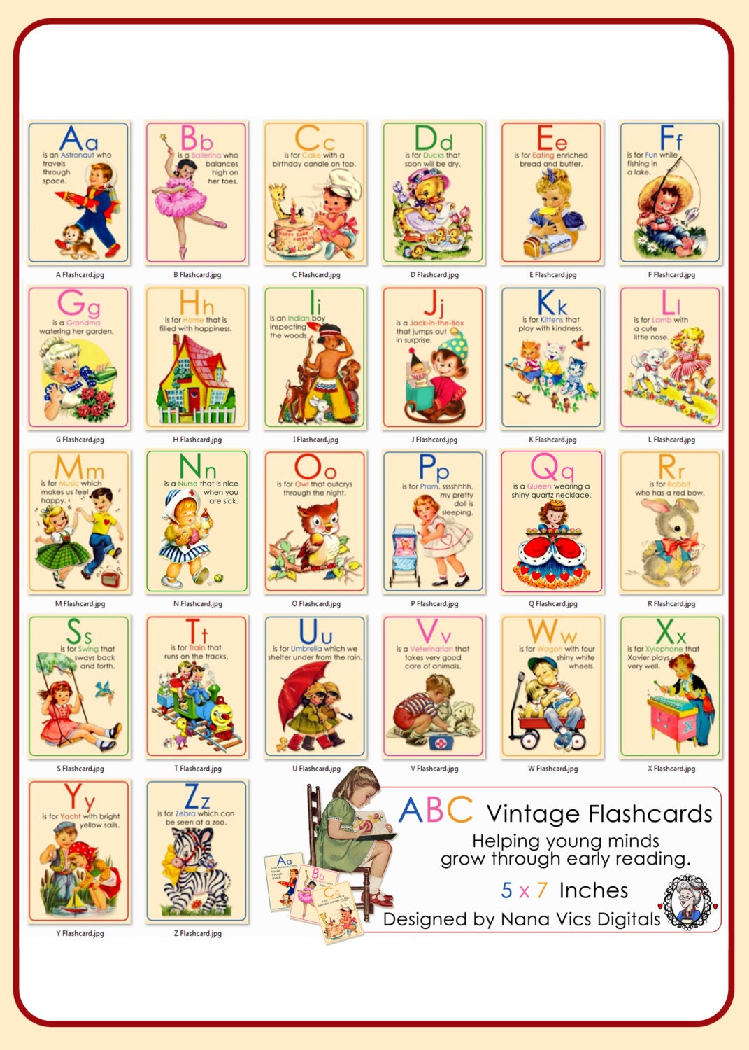 Alphabet Flash Cards, ABC, Vintage Digital Printable for Early Learning ...