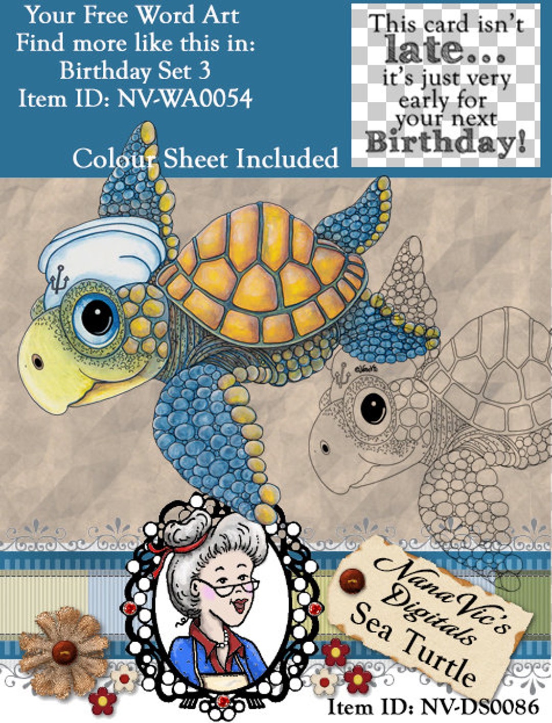 Sea Turtle Digital Stamp, Digi, Card Topper, Cartoon, Instant Download ...