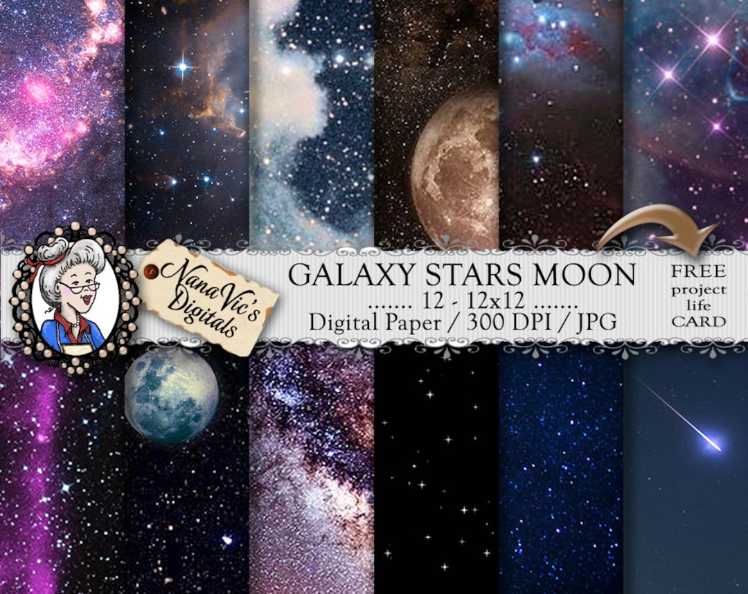 Galaxy Stars Moon Digital Paper / Overlay, Sparkle Glitter Celestial ...