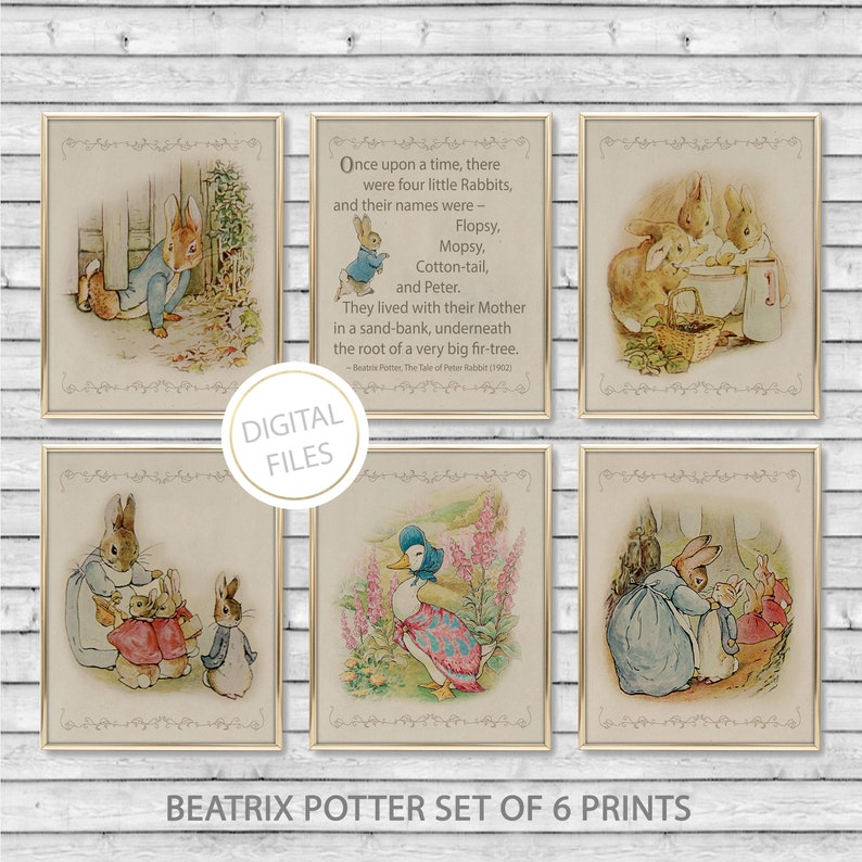 Beatrix Potter Nursery, Set 15 Prints Vintage & White, Peter Rabbit ...