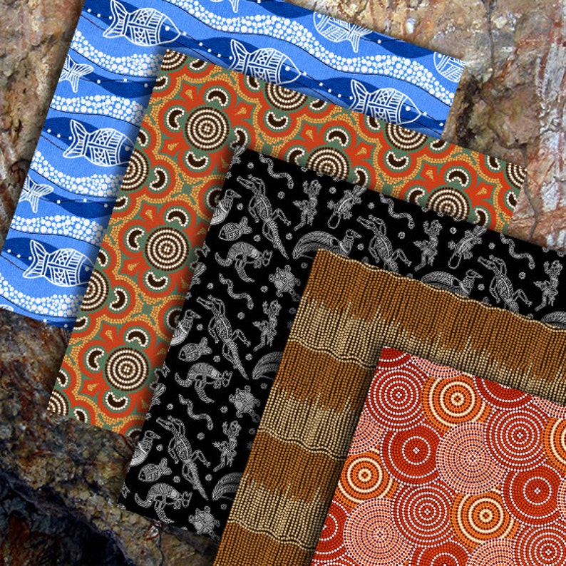Aboriginal Digital Paper; Kangaroo, Snake, Turtle, Fish, Emu, Platypus ...
