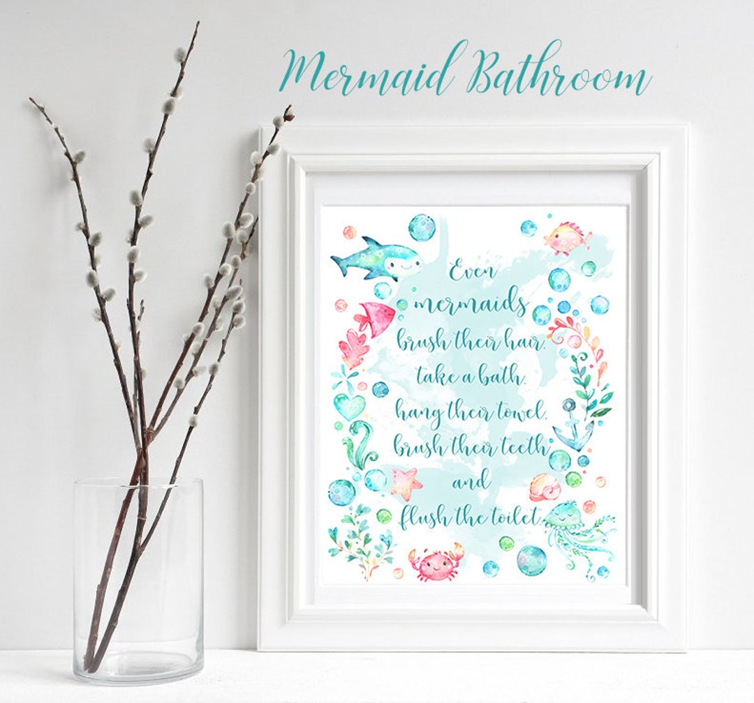 Mermaid Bathroom Rules Decor. Nautical Themed Watercolour. Mermaid Wall ...