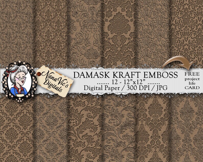 Damask Digital Paper, Kraft Embossed Seamless Wedding Backgrounds ...