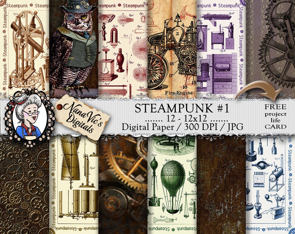 Steampunk Digital Paper Steampunk Scrapbooking Owl Cogs | Etsy
