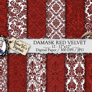 Damask Digital Paper, Red Velvet Seamless Wedding Backgrounds, Damask ...