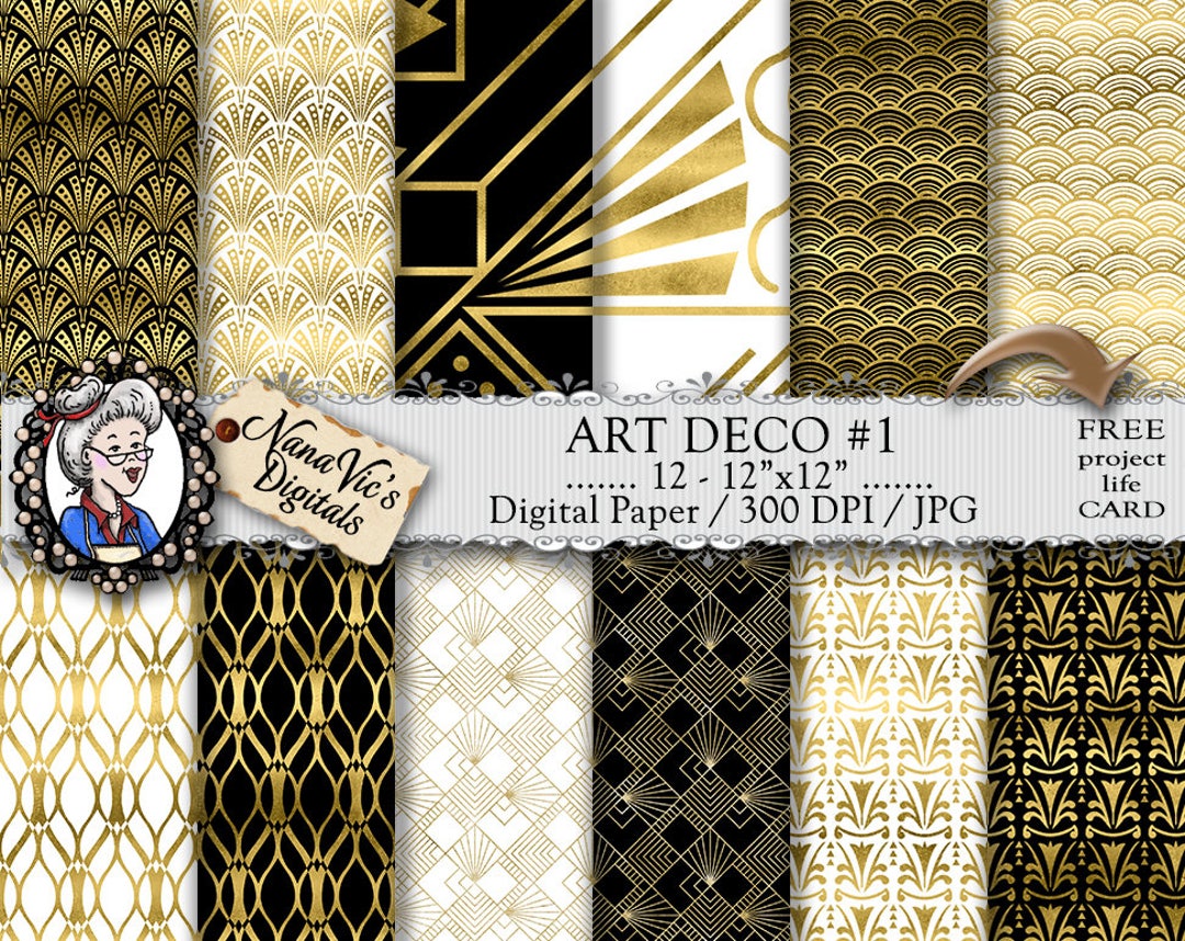 ART DECO Digital Paper: Black & White Gold Art Deco Great Gatsby, Art ...