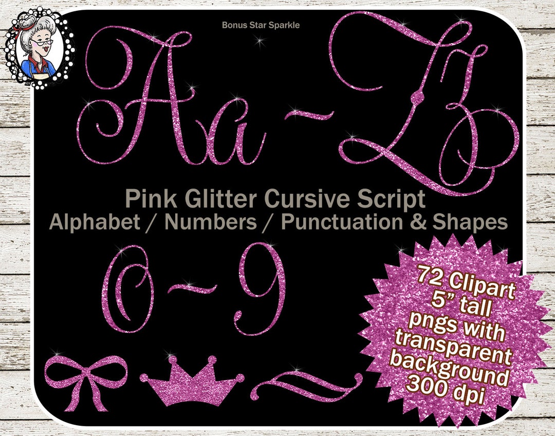 Glitter Alphabet Clipart: Pink Cursive Script Alphabet, Glitter Font ...
