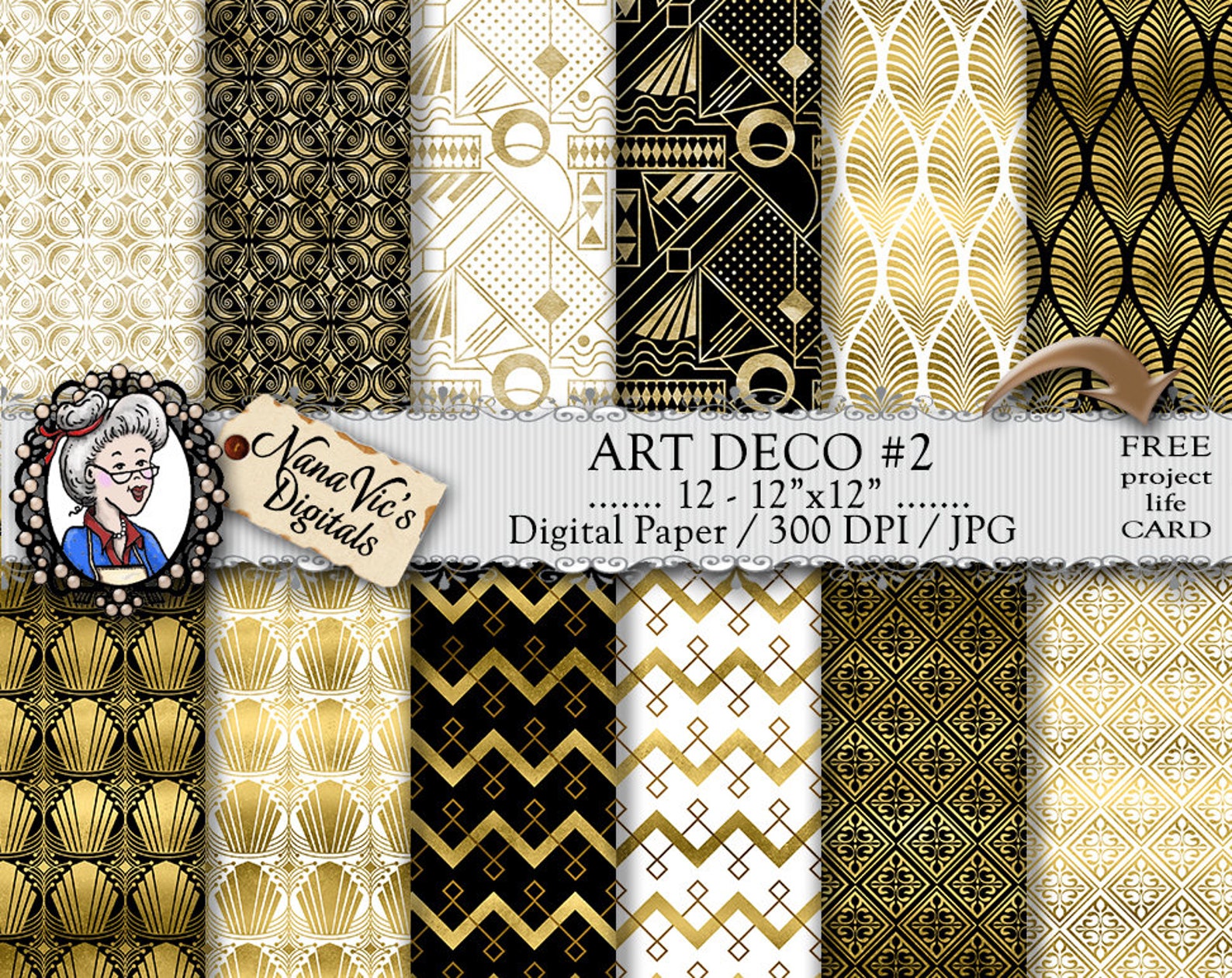 ART DECO Digital Paper: Black & White Gold Art Deco Great | Etsy