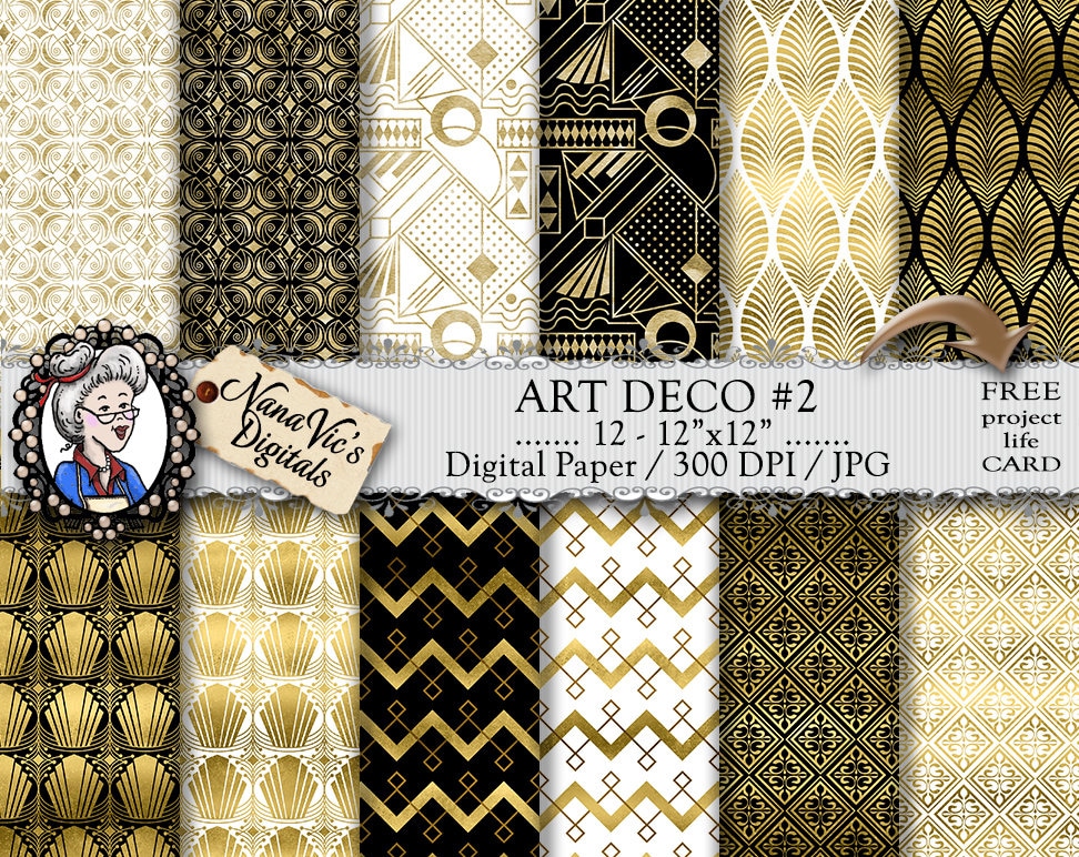 ART DECO Digital Paper: Black & White Gold Art Deco Great | Etsy