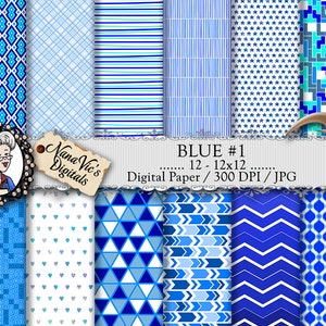 Blue Digital Paper, Geometric Backgrounds, Plaid, Chevron, Ombre ...