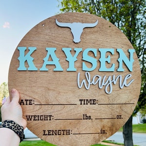 Baby Birth Stats Sign / Bull Western Door Hanger / Wood Round Hospital ...