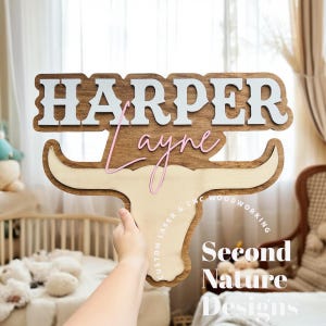 Bull Horns Baby Name Sign / Bull Girl Nursery Door Hanger / Wood ...