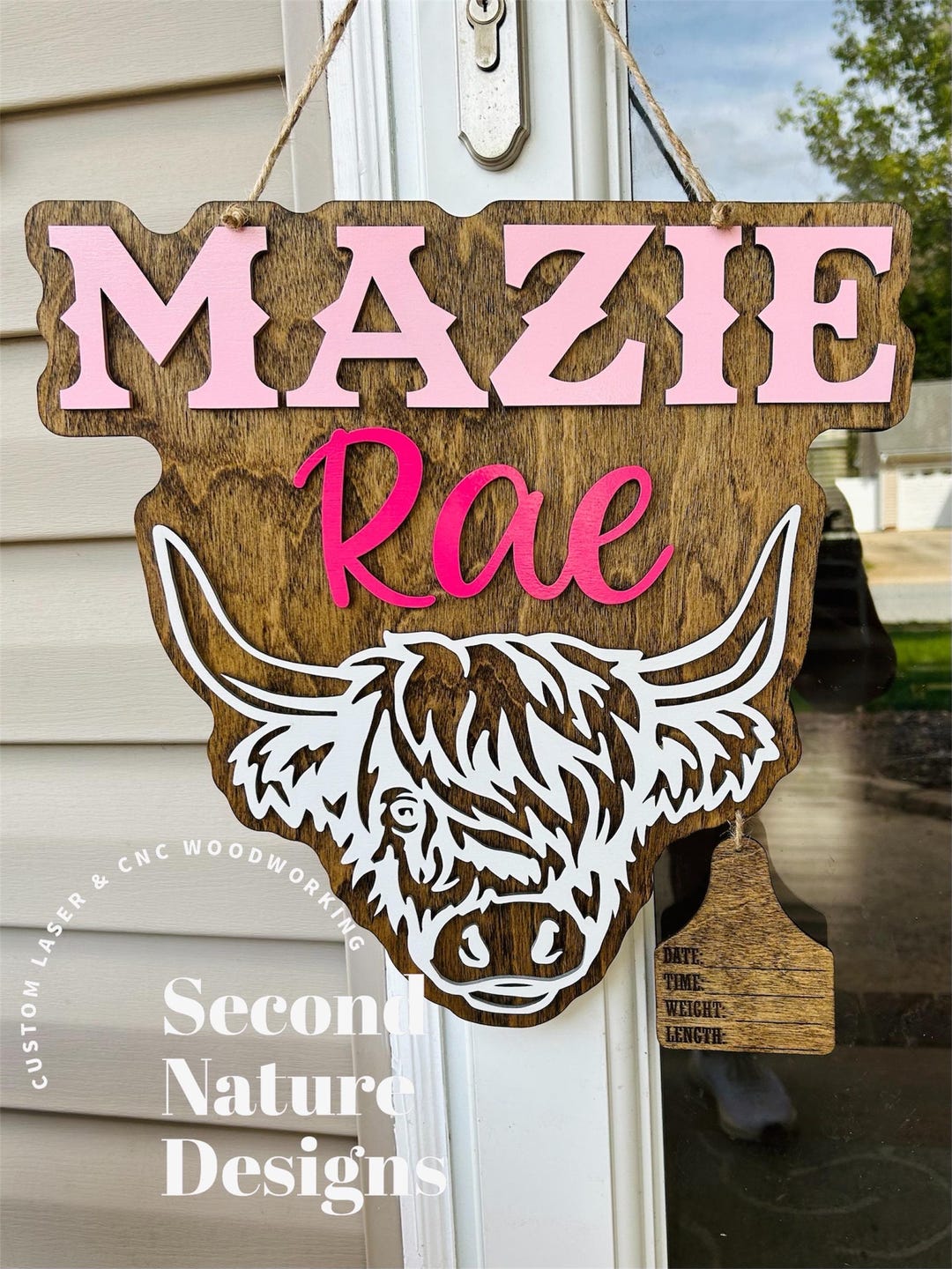 Baby Birth Stats Sign / Bull Western Door Hanger / Wood Round Hospital ...