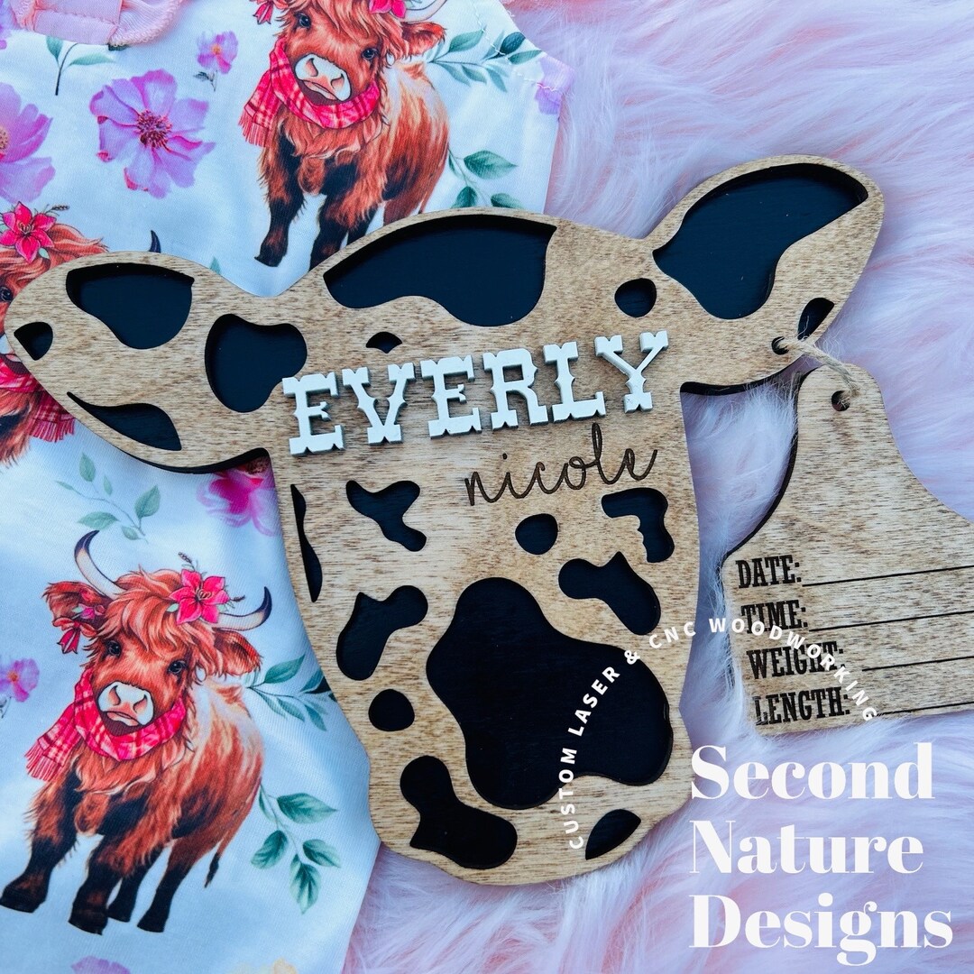 Baby Girl Cow Birth Stats Sign / Nursery Announcement / Cattle Tag ...