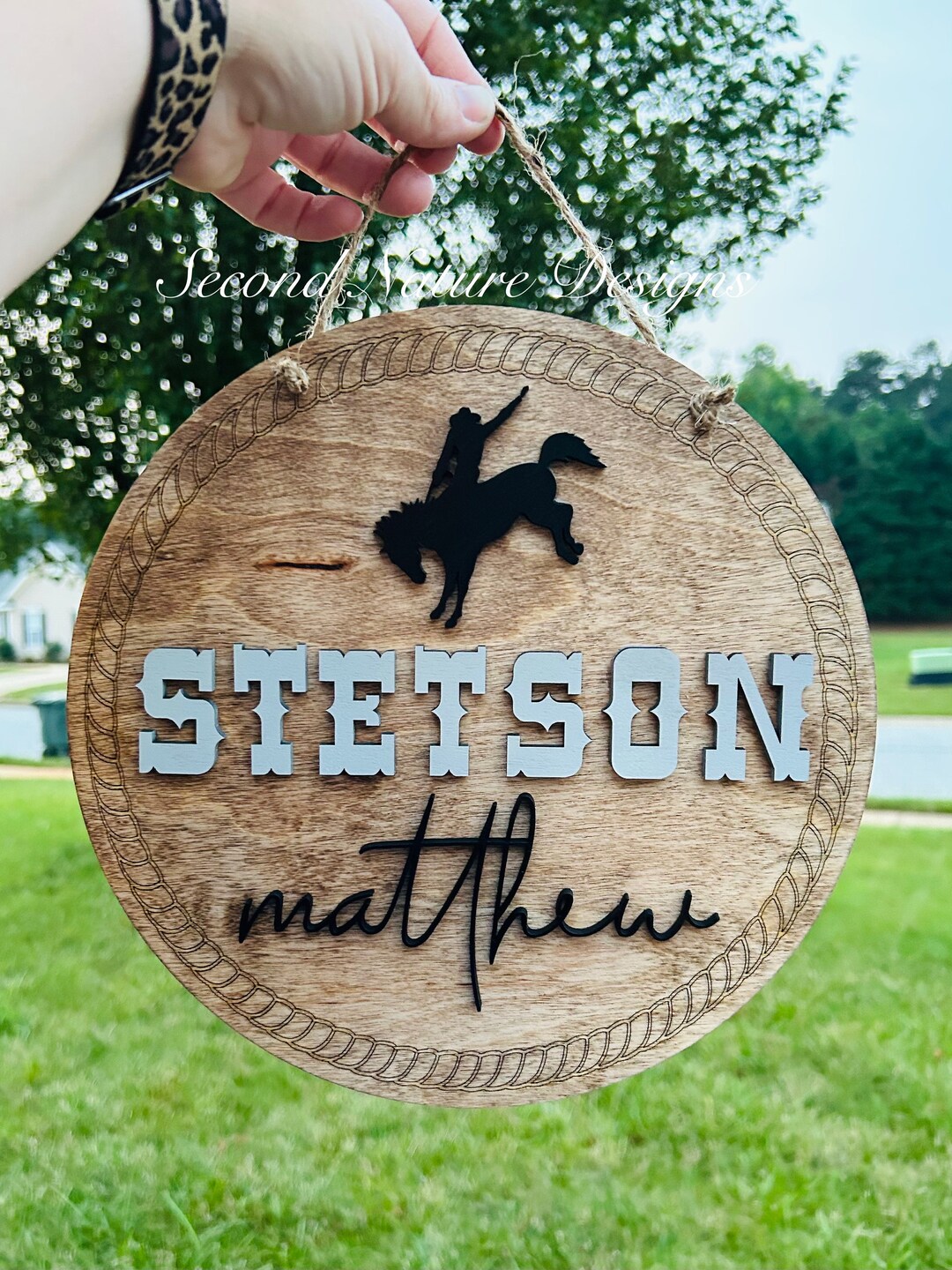 Baby Name Sign / Bucking Bronco Western Door Hanger / Wood Cowboy Rope ...