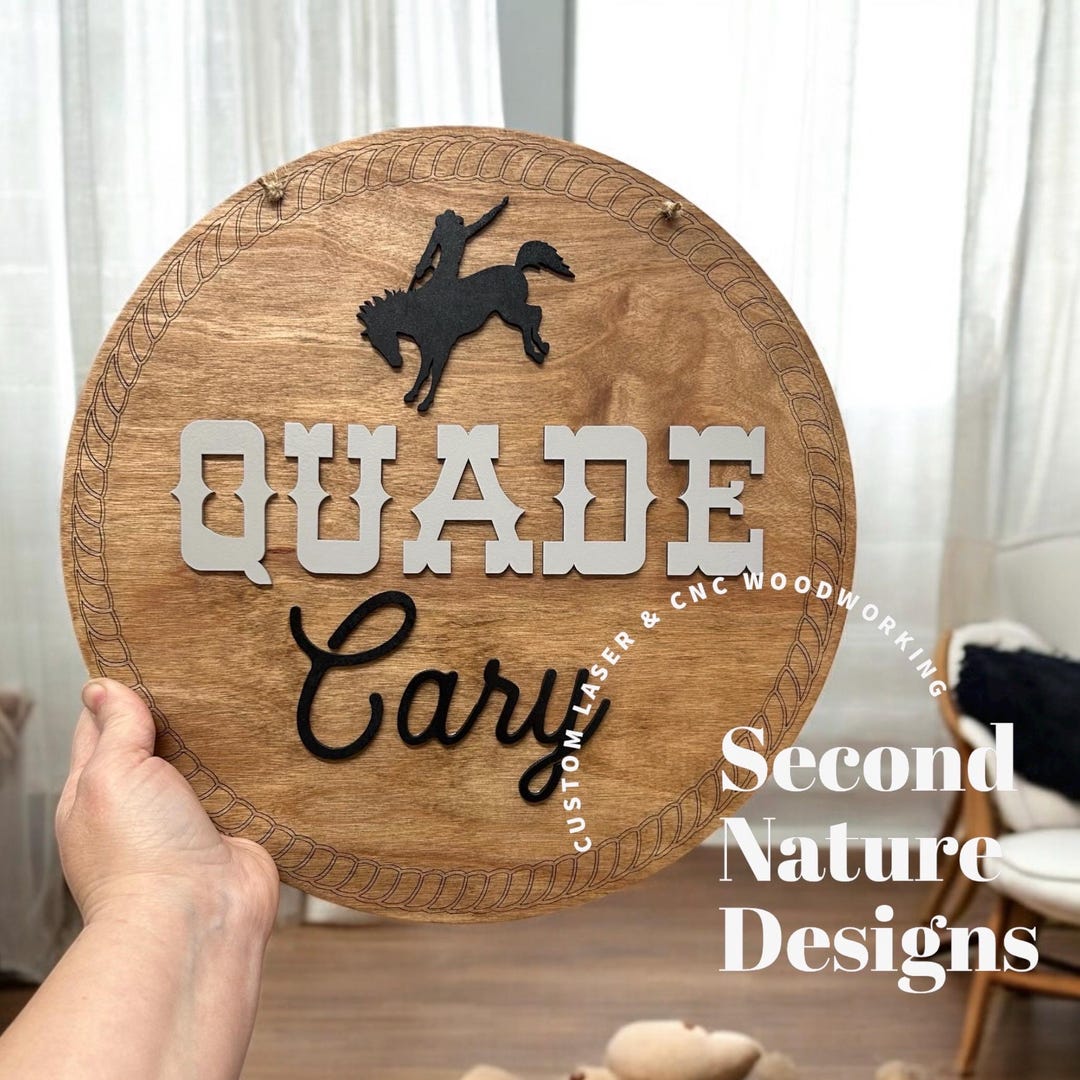 Baby Name Sign / Bucking Bronco Western Door Hanger / Wood Cowboy Rope ...
