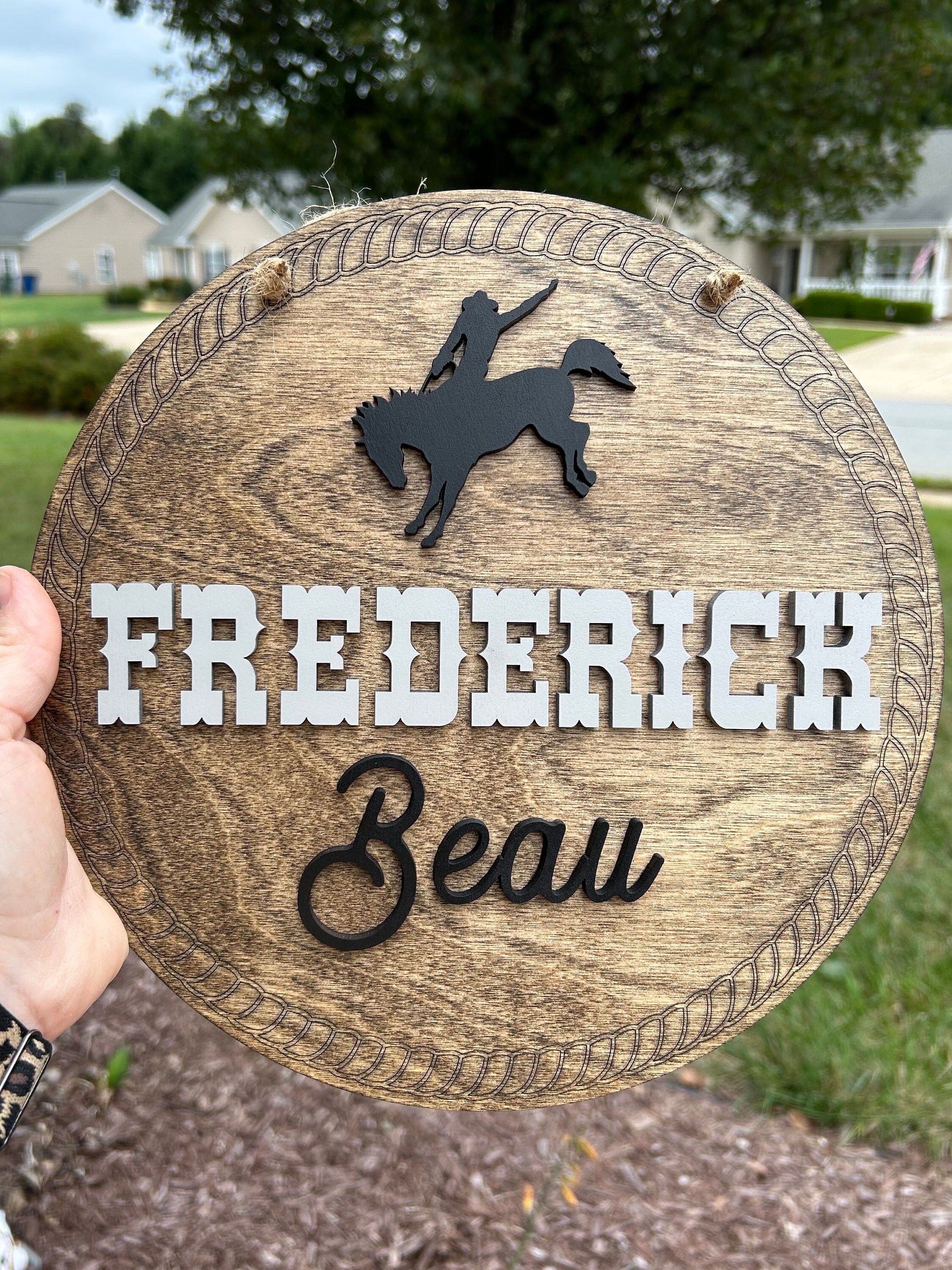Baby Name Sign / Bucking Bronco Western Door Hanger / Wood Cowboy Rope ...
