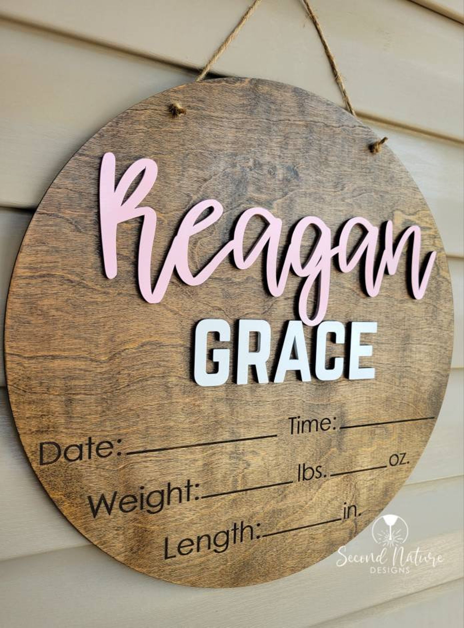 3D Baby Birth Stats Sign / Boho Door Hanger / Wood Round - Etsy