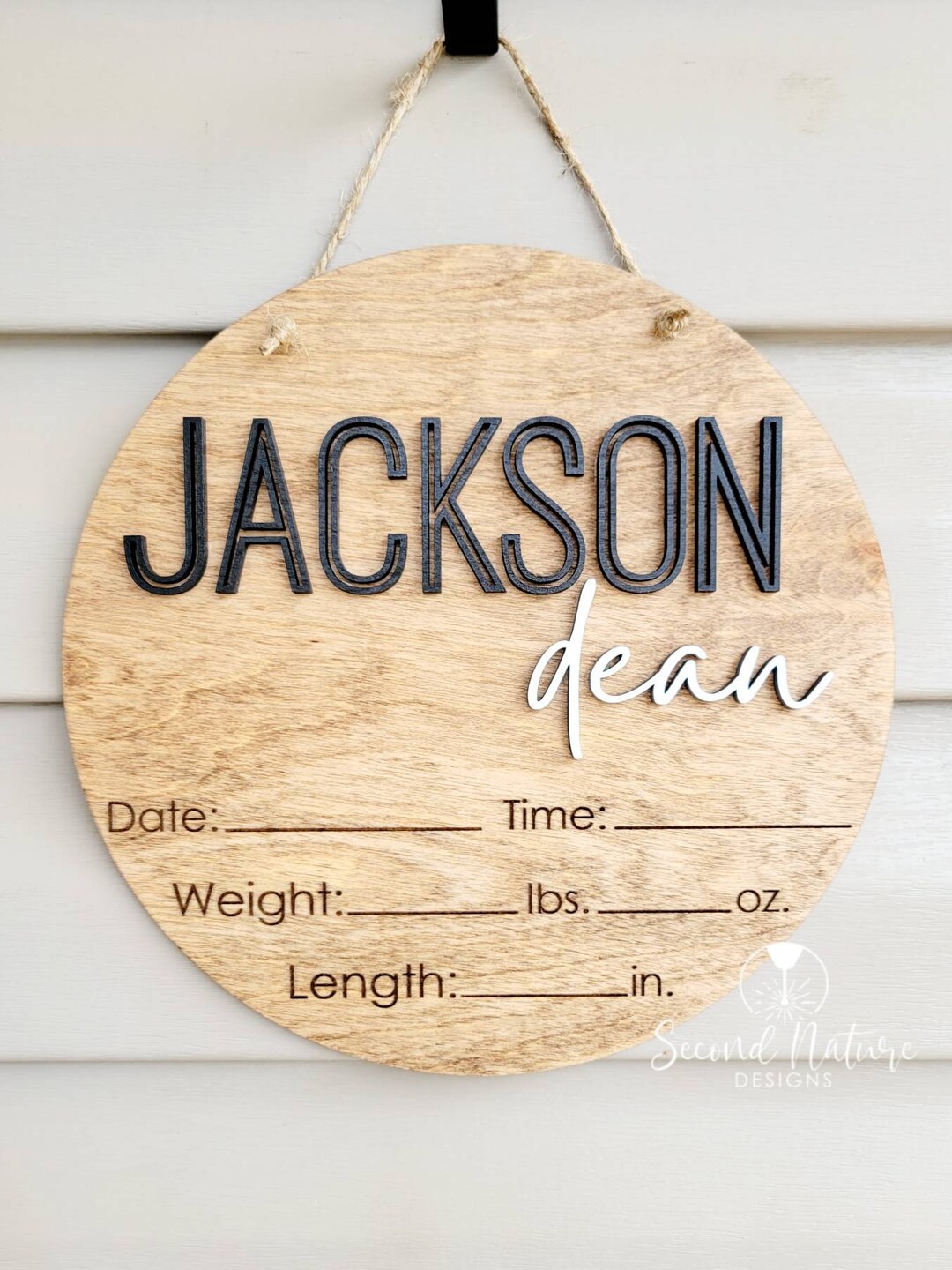 3D Baby Birth Stats Sign / Boho Door Hanger / Wood Round - Etsy