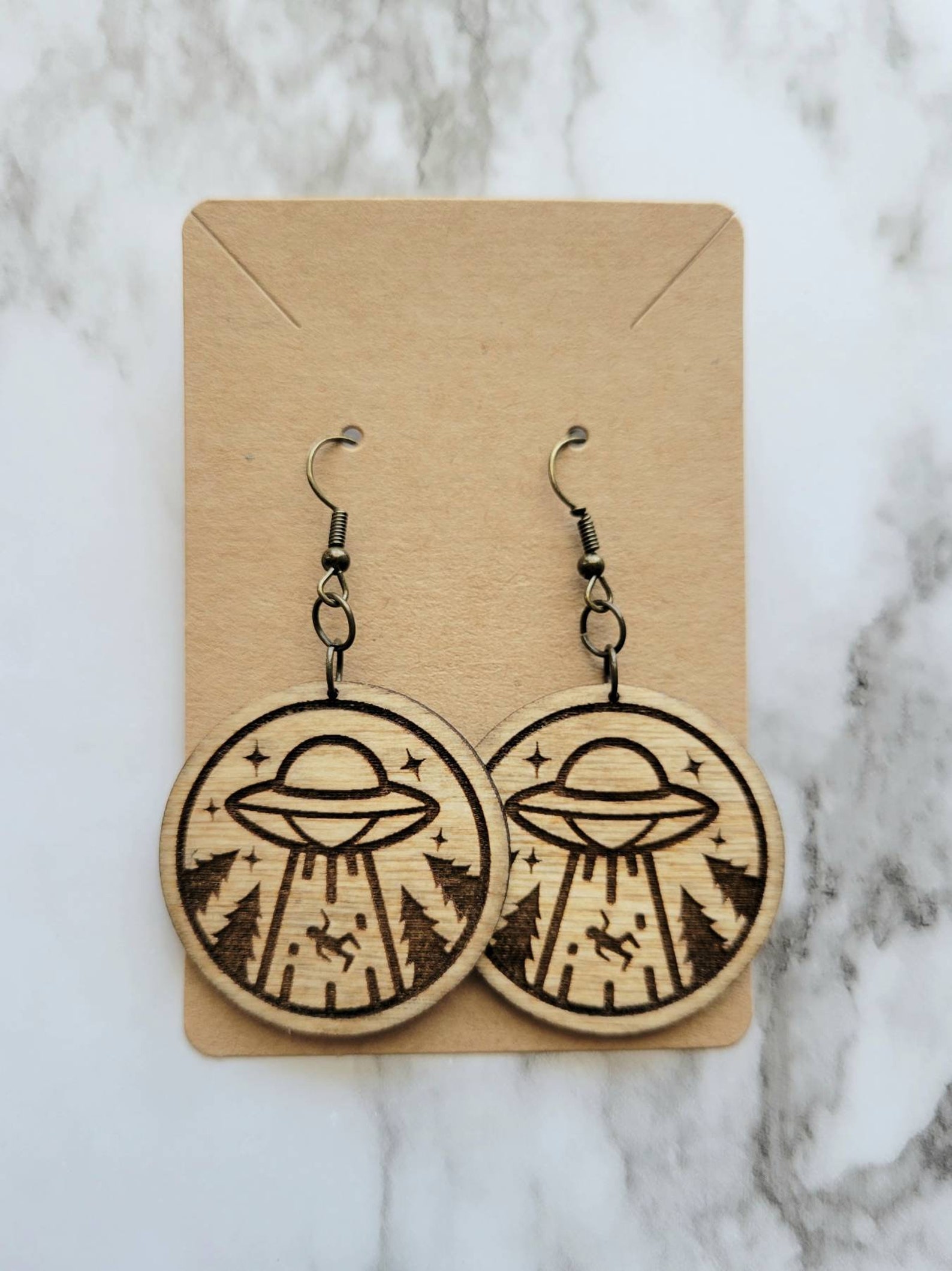 Wooden UFO Earrings / Wood Alien Abduction Earrings / Round - Etsy