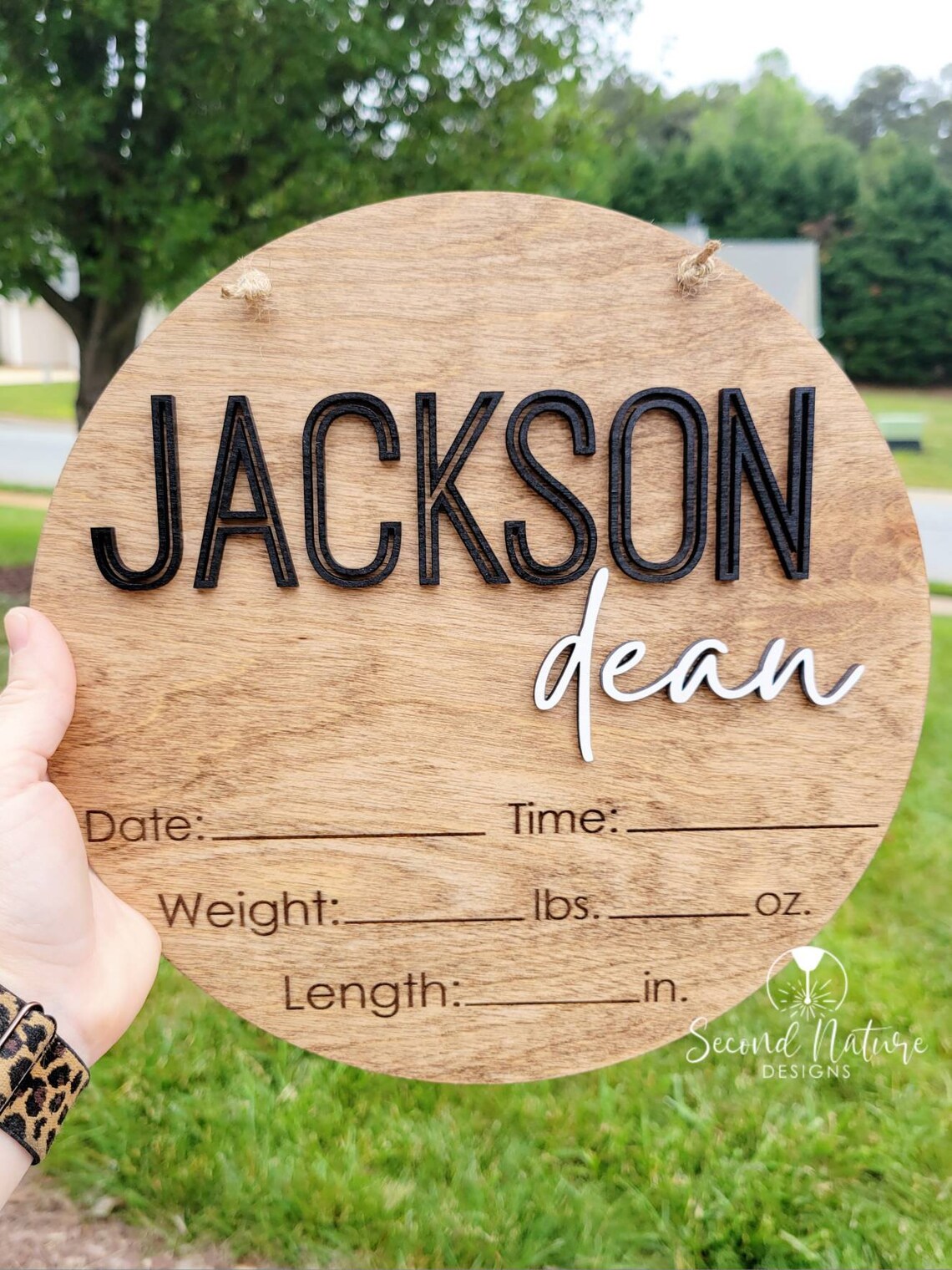 3D Baby Birth Stats Sign / Boho Door Hanger / Wood Round - Etsy