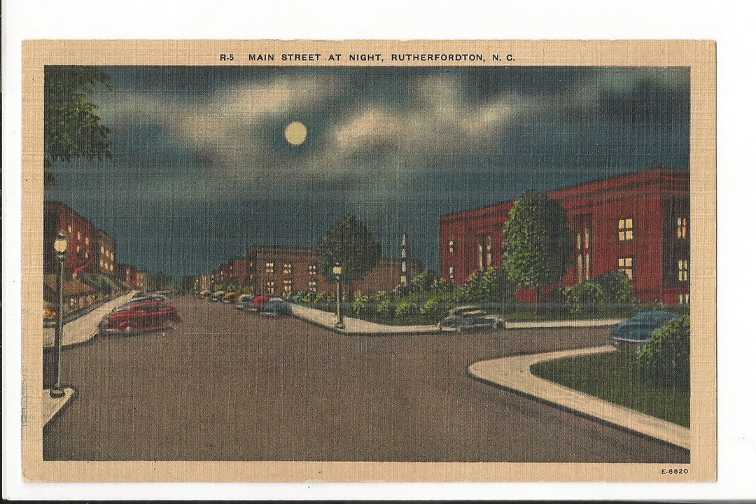 1940s Linen Postcard View of Main Street at Night, Rutherfordton ...