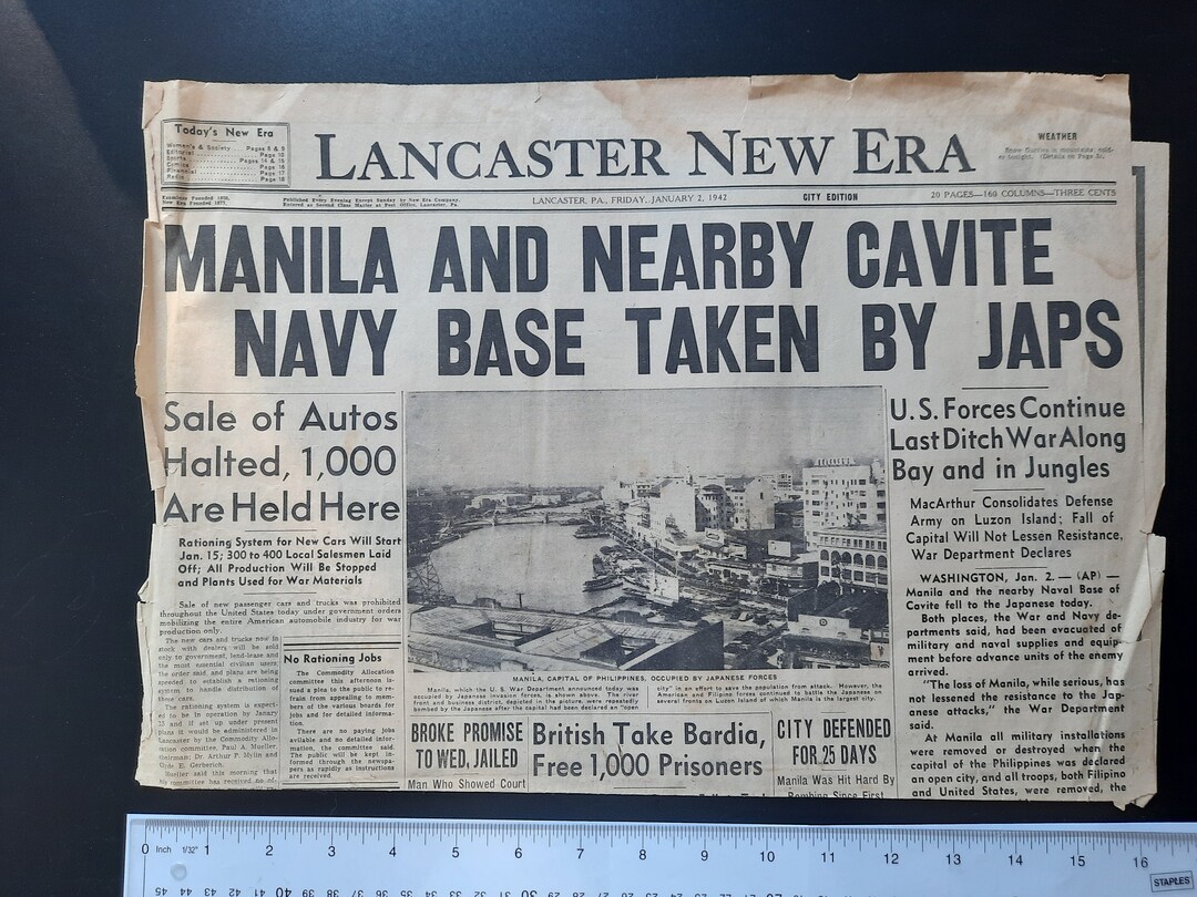 RARE~ Newspaper: "manila and Nearby Cavite Navy Base Taken by Japanese ...