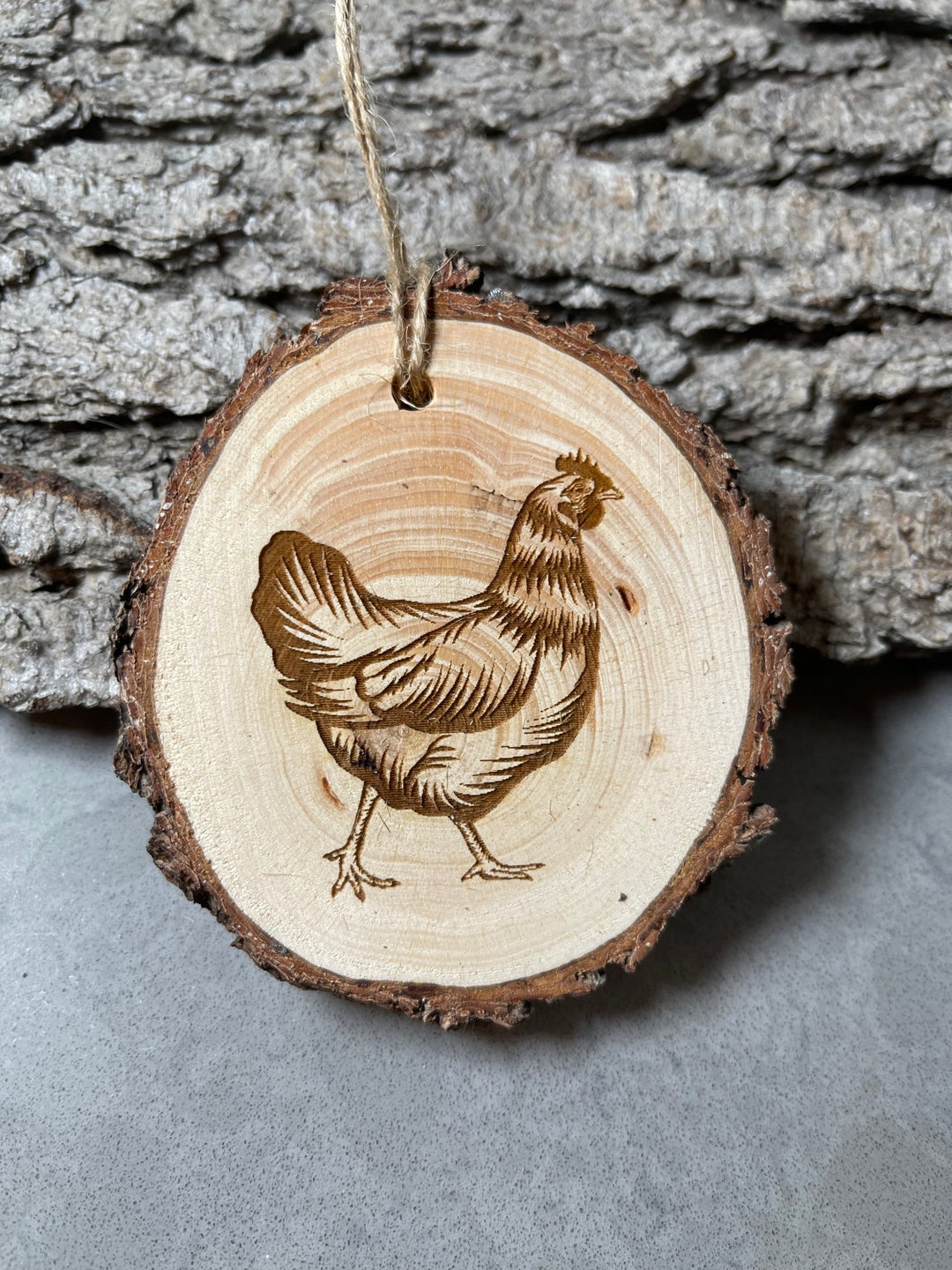 Chicken, Rustic Wood Ornament, Laser Engraved Ornament,, Pinon Wood ...