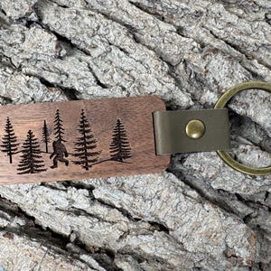 Bigfoot, Sasquatch Forest Trees Design, Brass Key Ring, Laser Engraved ...