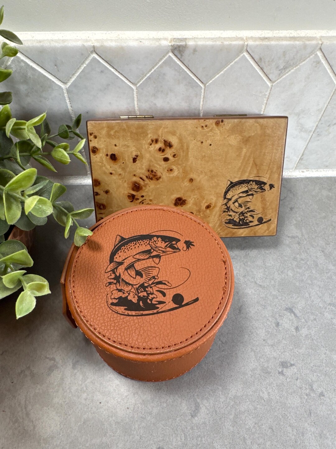 Burled Fly Fishing Fly Box & Fly Reel Case, Trout Design, Fly Fishing ...