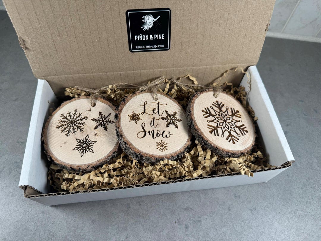Snowflake Ornament Gift Box Trio Set, Rustic Pinon Wood Ornaments ...