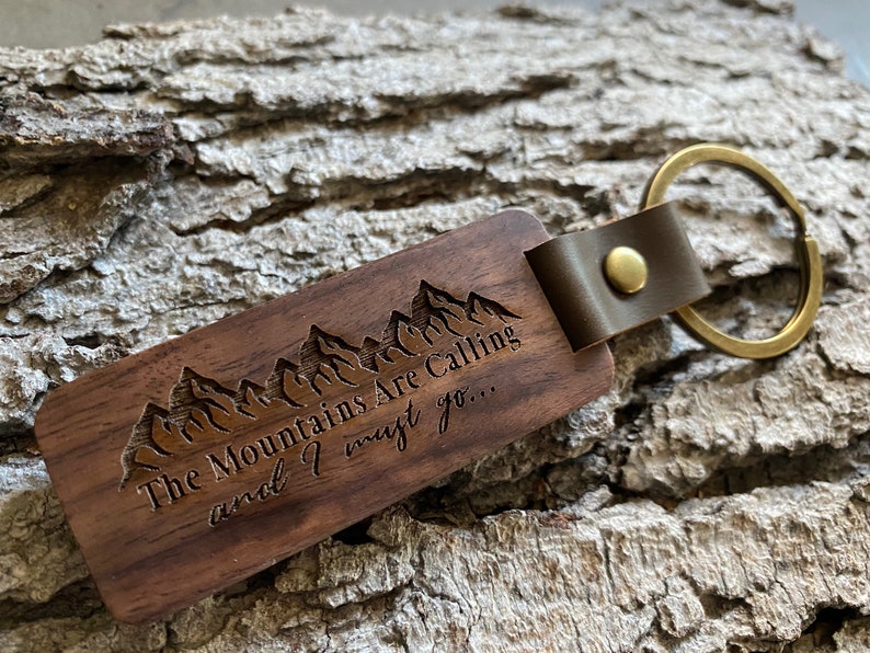 The Mountains Are Calling, Walnut Keychain, Brass Key Ring, Laser ...