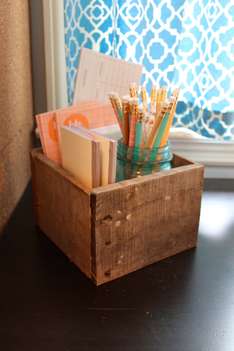 Rustic Office Box Wood Desk Organizer square box centerpiece | Etsy