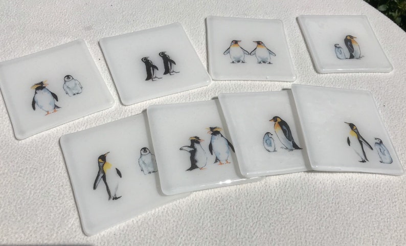 Penguin Fused Glass Coasters White Glass Coasters With Penguin Designs ...
