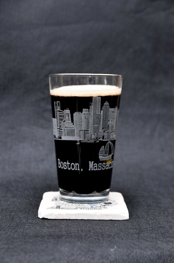 Boston Massachusetts Downtown City Skyline Etched Beer Pint | Etsy