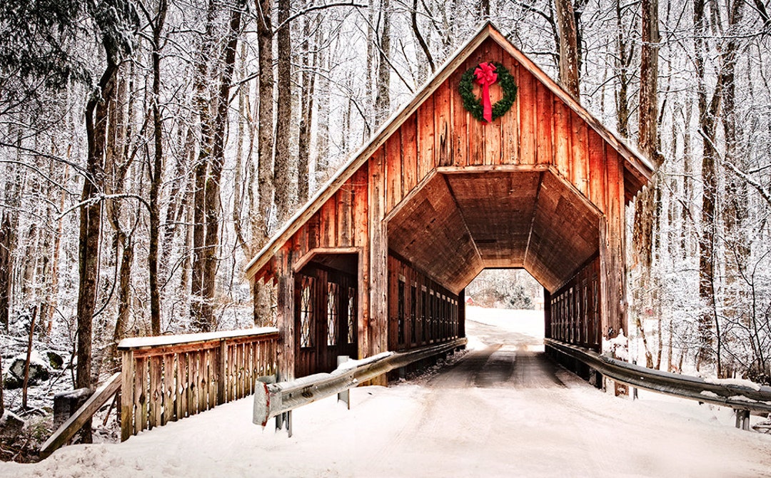Covered Bridge in the Great Smoky Mountains Christmas Winter Scene From ...