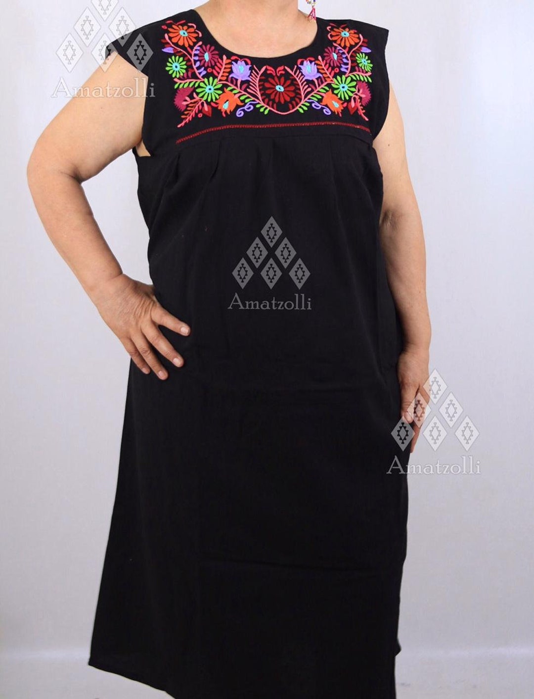 Mexican XL Long Manta Dress Typical Embroidery Margaritas - Etsy