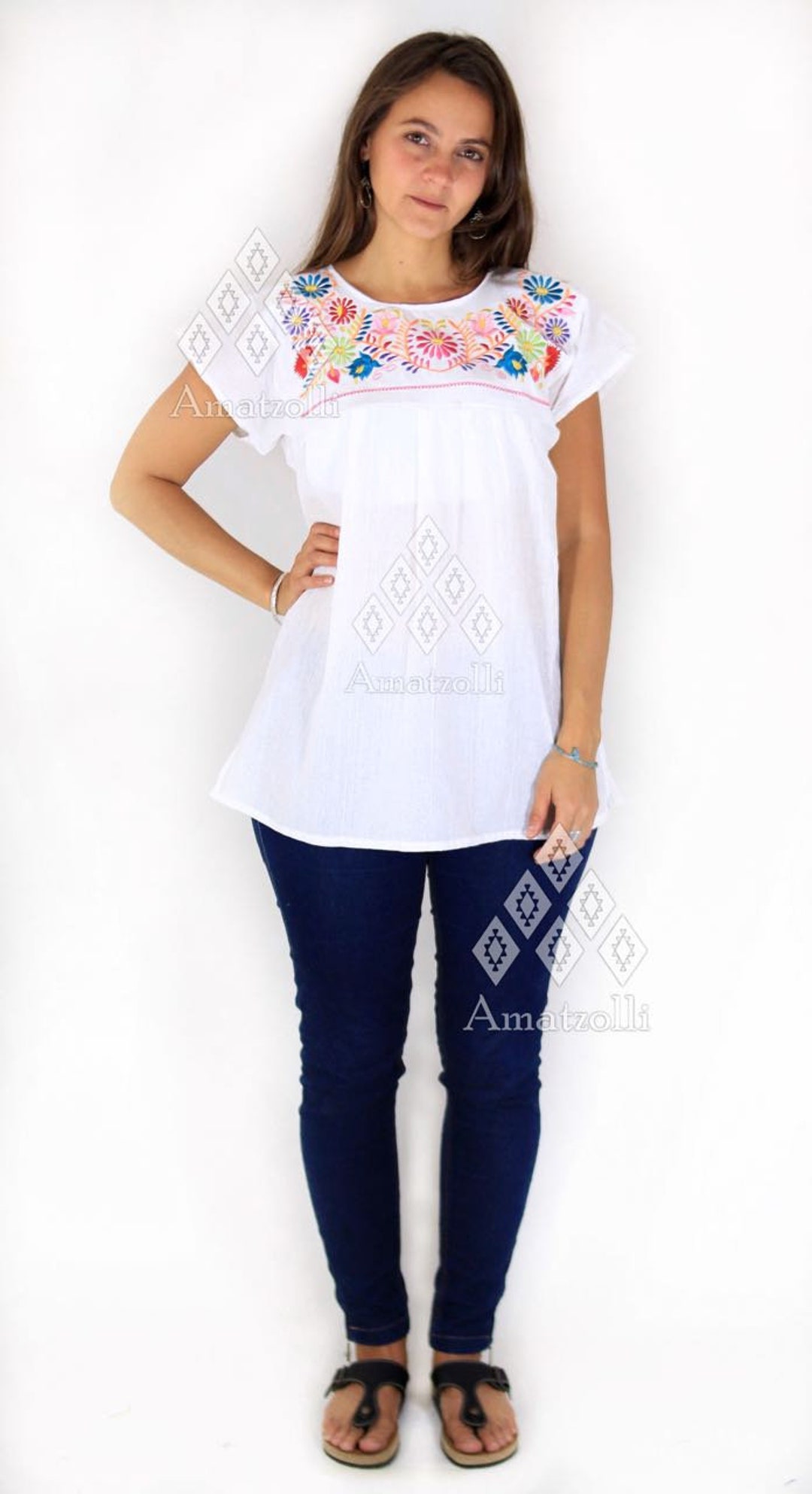 Mexican Manta Blouse With Short Sleeve and Typical Embroidery of ...