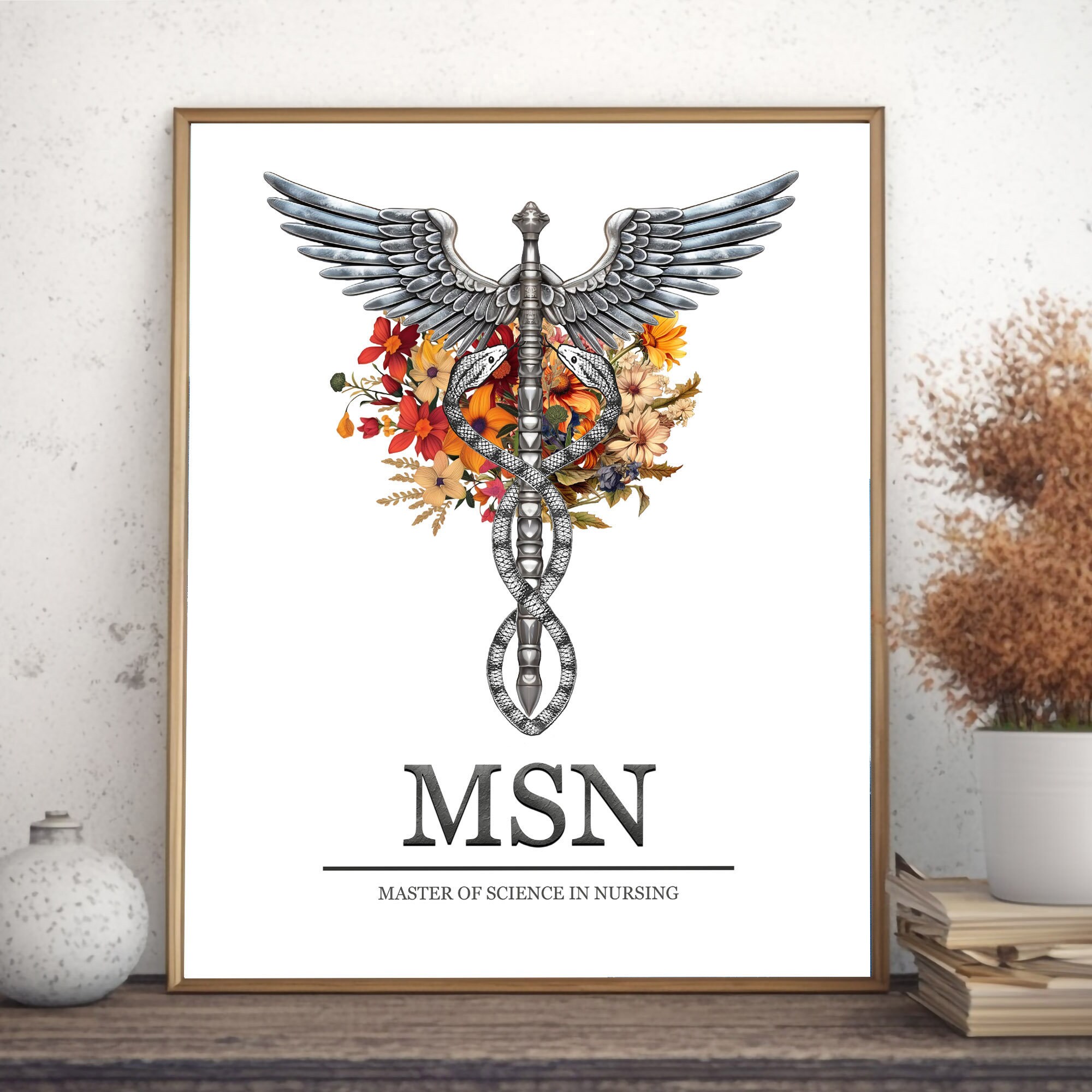MSN Office Decor Master of Science in Nursing Caduceus With Flowers ...