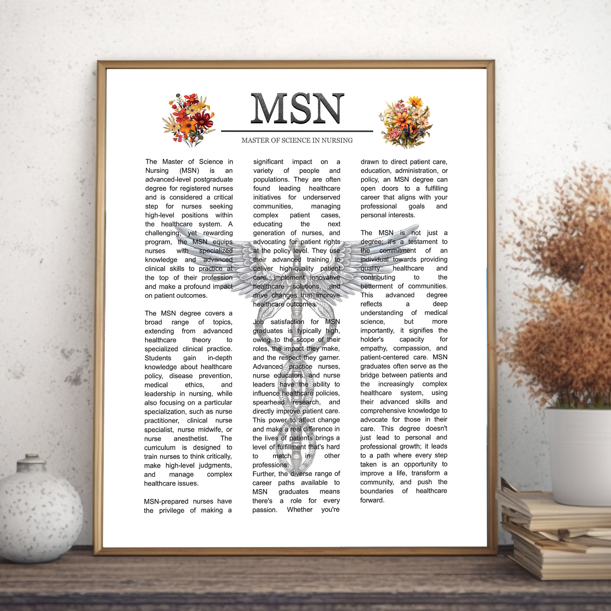 MSN Office Decor Master of Science in Nursing Caduceus With Flowers ...